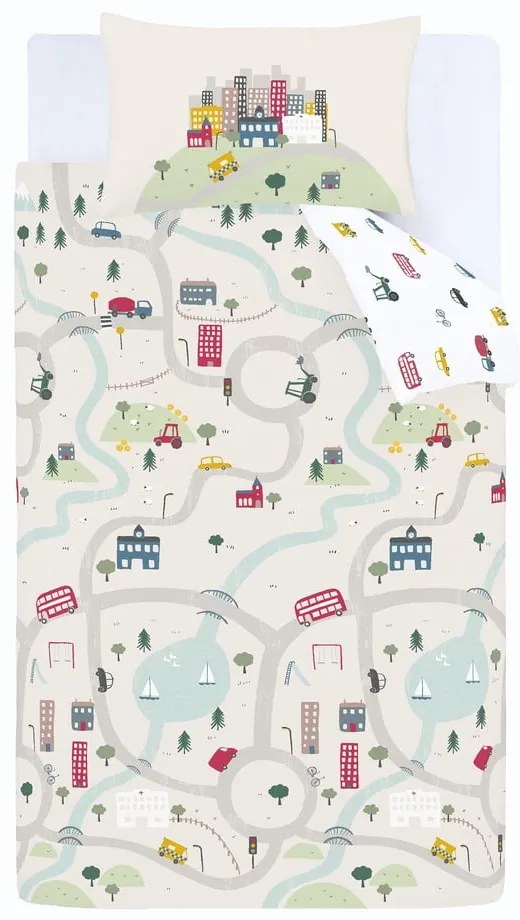 Bílo-béžové bavlněné dětské povlečení do postýlky 120x150 cm Transport – Bianca Biano.cz