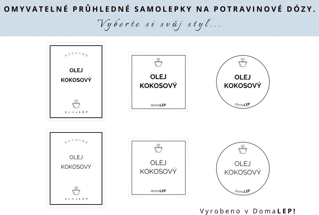 OLEJ KOKOSOVÝ - omyvatelná samolepka na dózu, výběr rozměrů Ø 5 cm / 5 x 5 cm / 6 x 8 cm | DomaLEP tvar: ČTVEREC, barva: PRŮHLEDNÁ - ČERNÉ písmo, velikost: š. 5 cm x v. 5 cm - tučné písmo