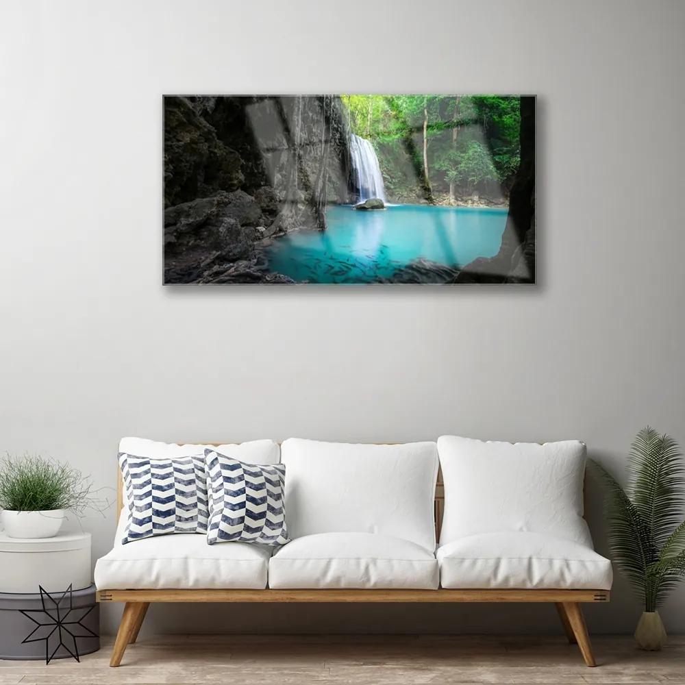 Obraz na skle Jezero Vodopád Příroda 125x50 cm