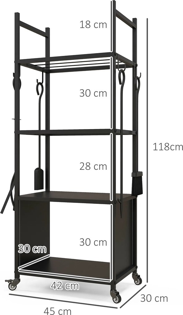Outsunny Stojan na dřevo 45 x 30 x 118 cm s koly, 4 police, stojan na dřevo pro venkovní i vnitřní použití, do 60 kg, kovový, černý