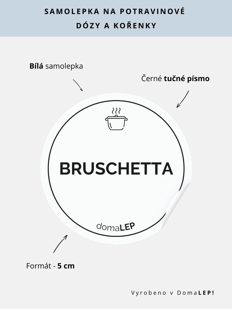 Samolepka na kořenky BRUSCHETTA bílá 5 cm tučné písmo