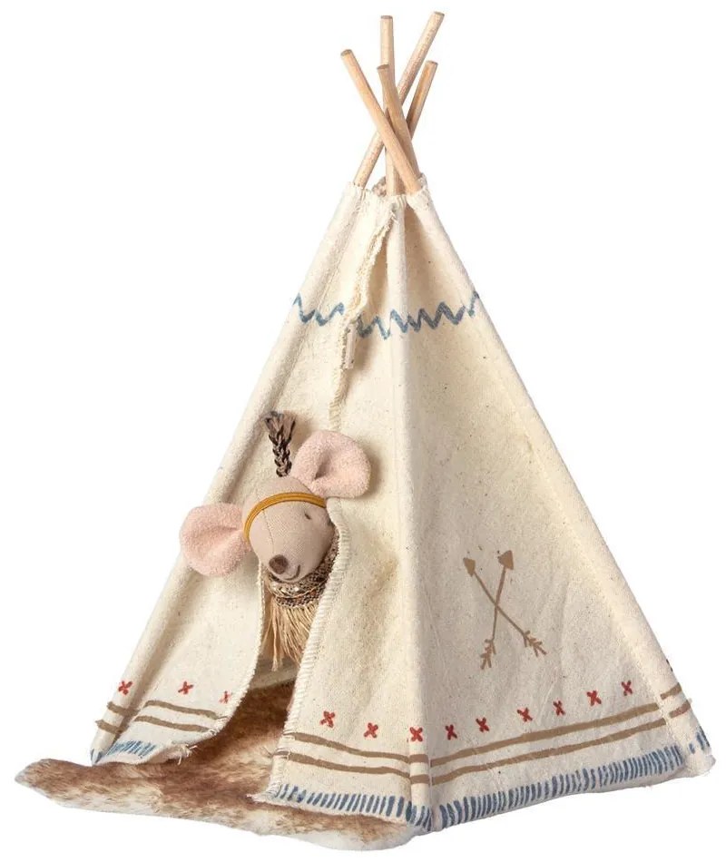 Maileg Malá myška indiánka v Teepee Little Sister, multi barva, dřevo, textil