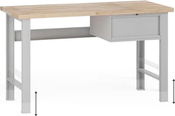 Výškově nastavitelný dílenský stůl G7, buková spárovka, 1500 x 685 x 840-1040 mm, 1x kontejner, 1 zásuvka, šedá