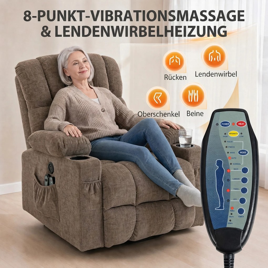 HOMCOM Televizní křeslo s pomocí při vstávání, elektrické relaxační křeslo s masáží a vyhříváním, funkce ležení, USB porty, hnědé