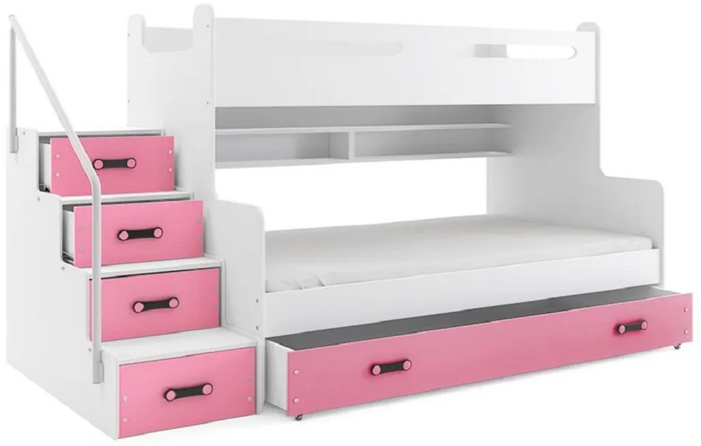 Expedo Patrová postel XAVER 3 COLOR + úložný prostor + matrace + rošt ZDARMA, 120x200, bílý, růžová