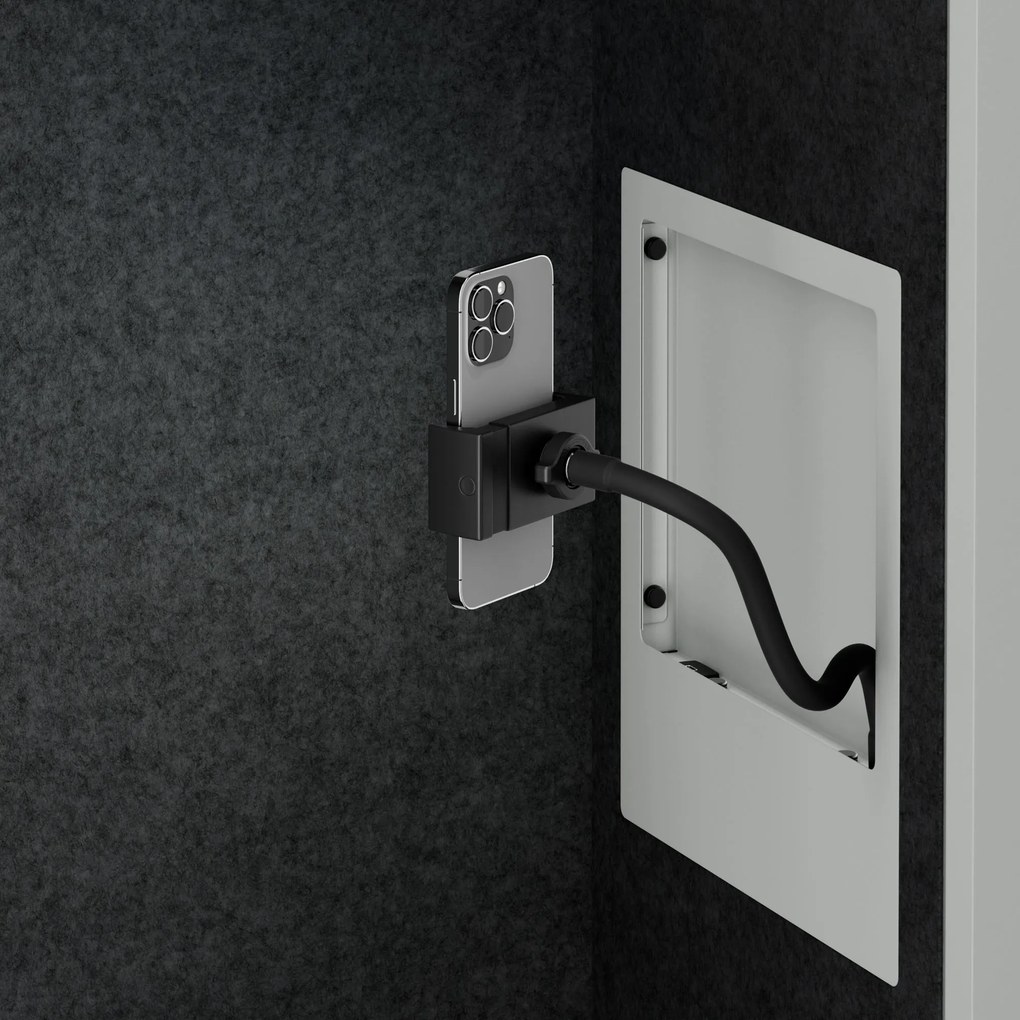 Kancelářská akustická kabina se sedátkem a USB-C portem, korpus šedý / sedák tmavě šedá, 600 mm: SALLY MentalBox