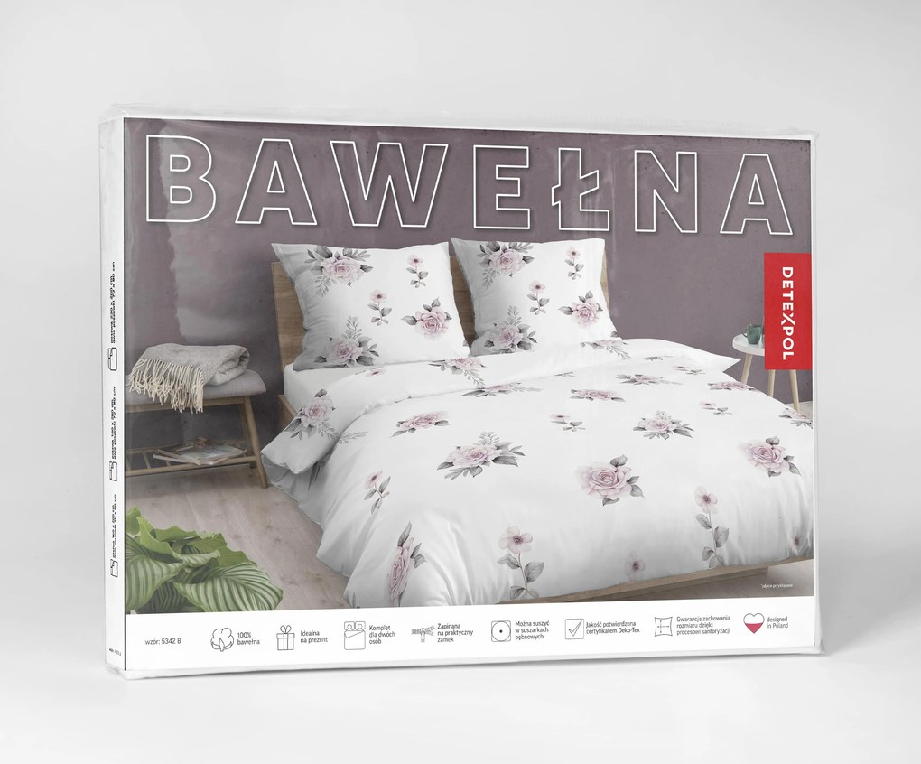 Detexpol Bavlněné povlečení 220x200 Bílá v pudrových růžích - romantický motiv, 100% bavlna - 5342 B - Soft Meadow