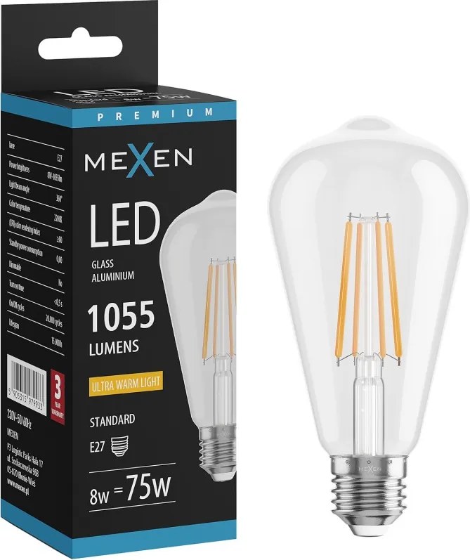 Mexen Vintis, LED filamentová žárovka E27, ST64, 8 W, teplá bílá 2200K, čirá, L152-E27-0822-00