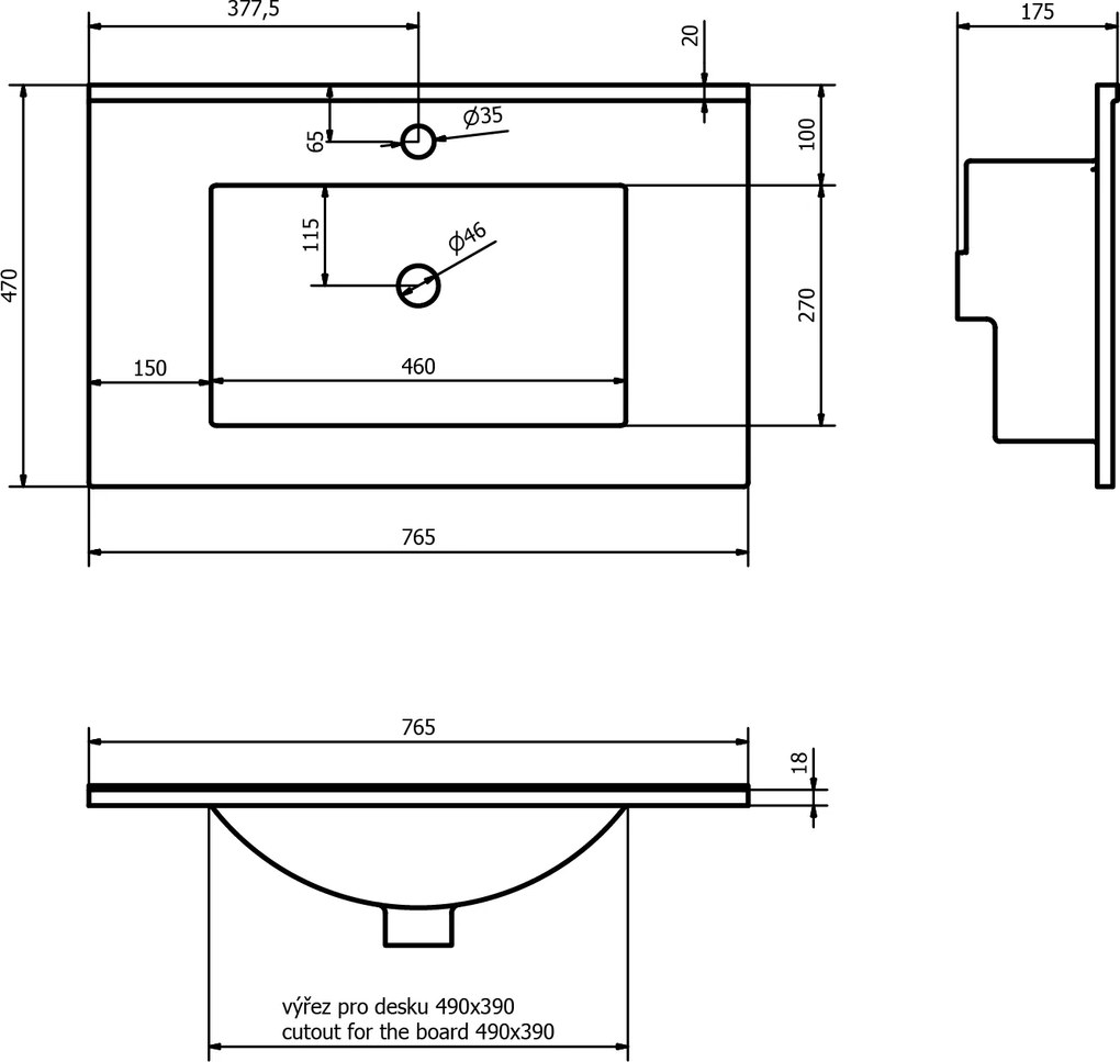 Sapho Sapho, SLIM keramické umyvadlo 76,5x46cm, nábytkové, 1601-75