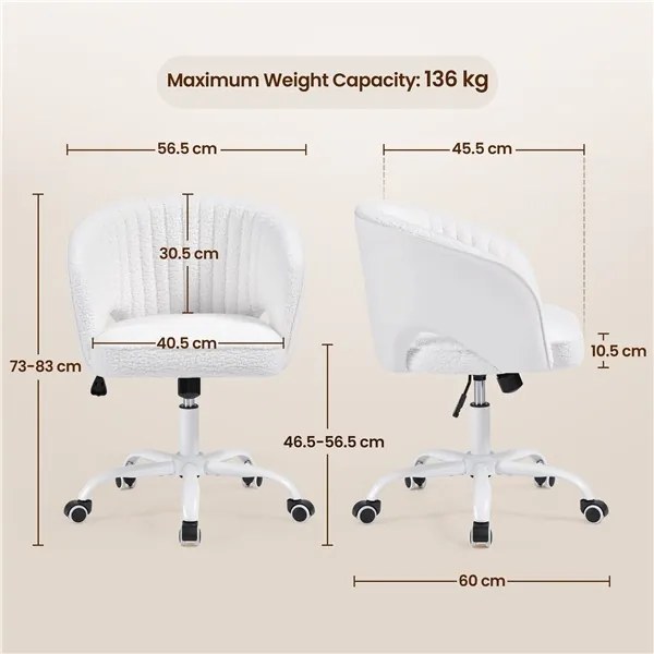 Kancelářská židle Yaheetech – bílá, 56,6 cm (šířka) × 60 cm (hloubka) × 73 cm – 83 cm (výška) (267591732083)