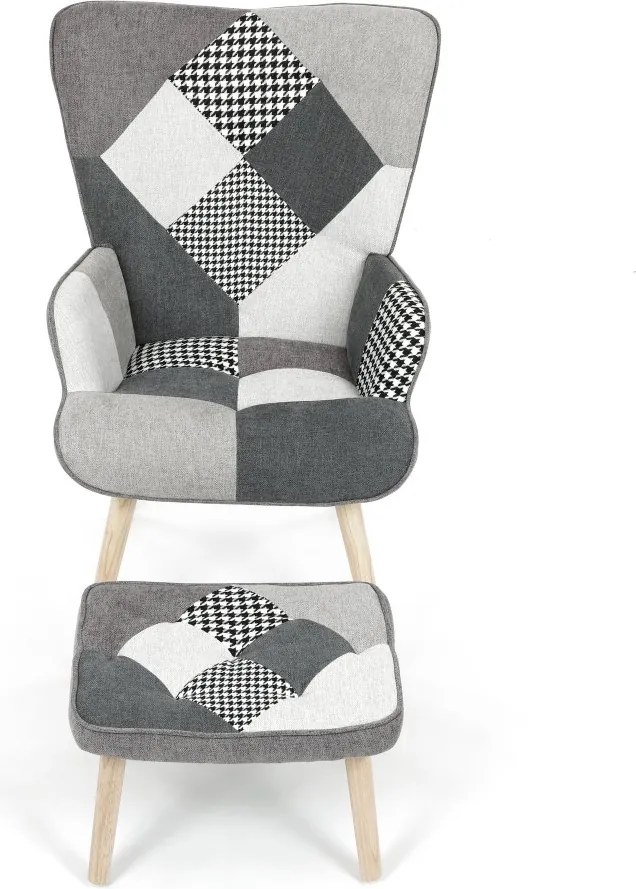 Relaxační křeslo ušák LISA + taburet — masiv, látka, černobílý patchwork