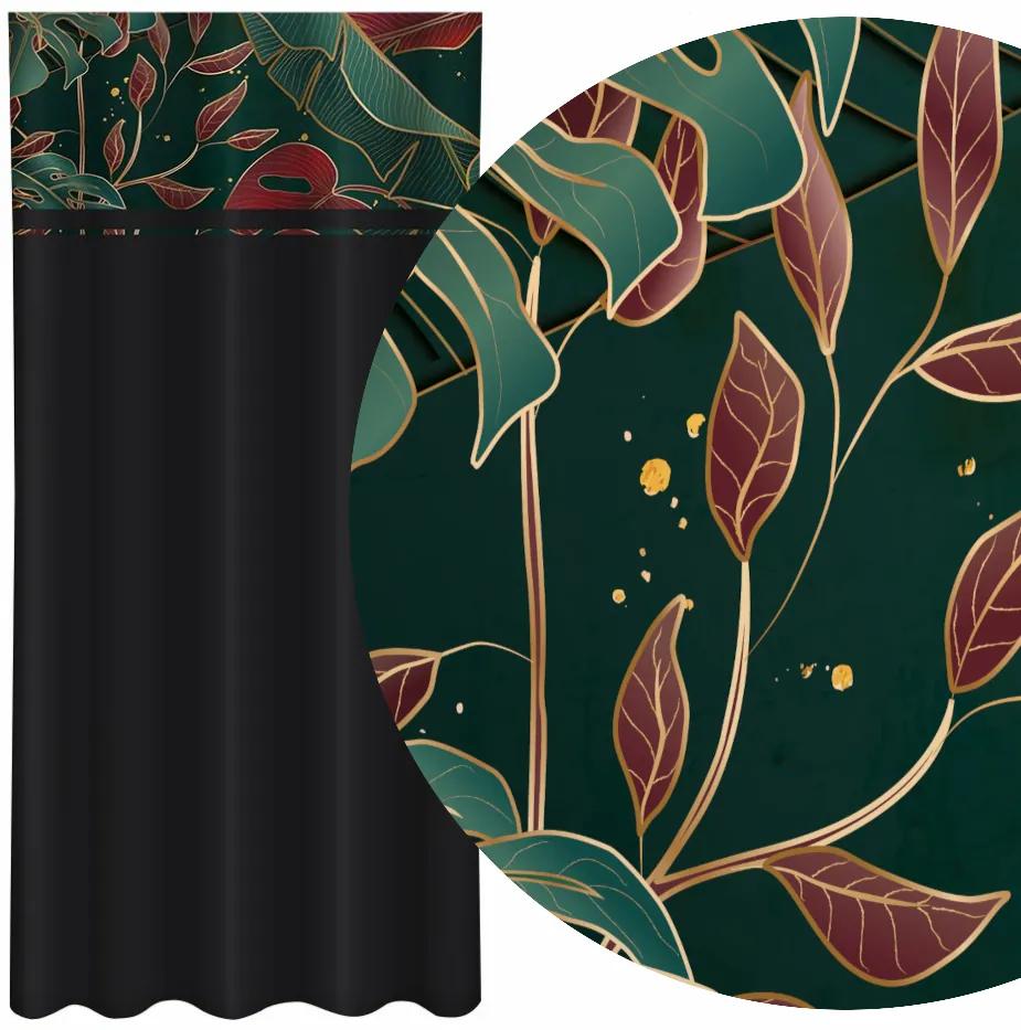 Klasický černý závěs s potiskem zelených a vínových listů Šířka: 160 cm | Délka: 250 cm