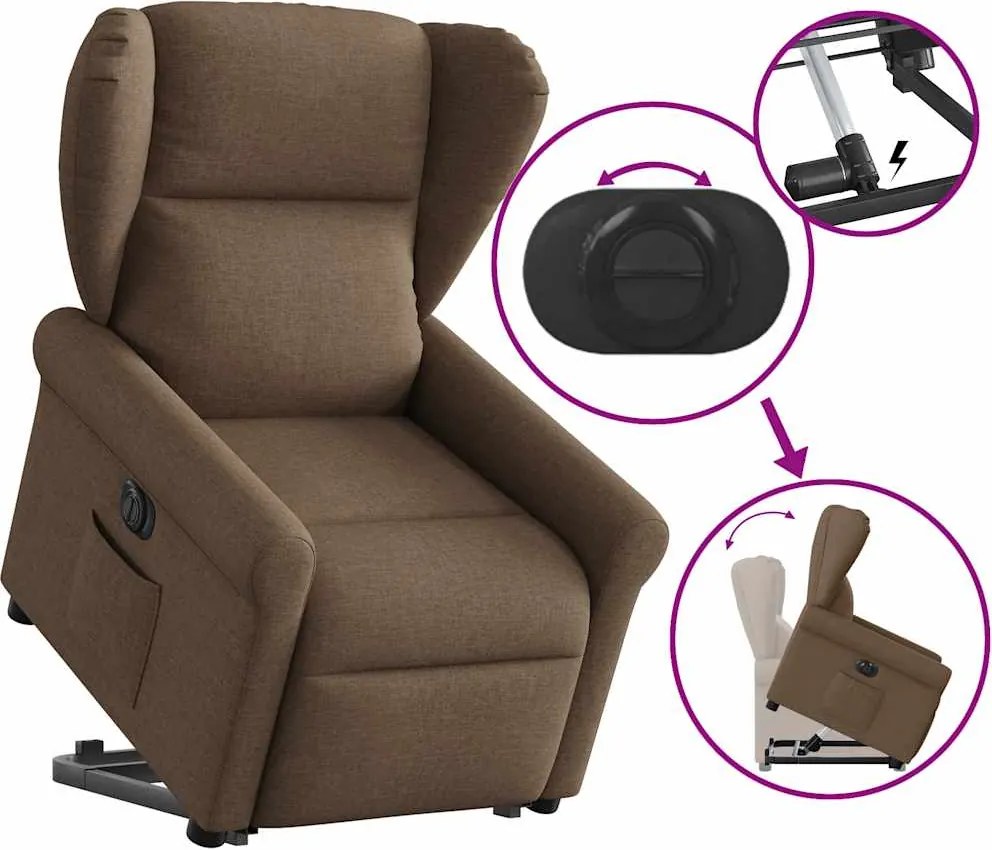 Elektrické zvedací polohovací křeslo hnědé textil 3303398