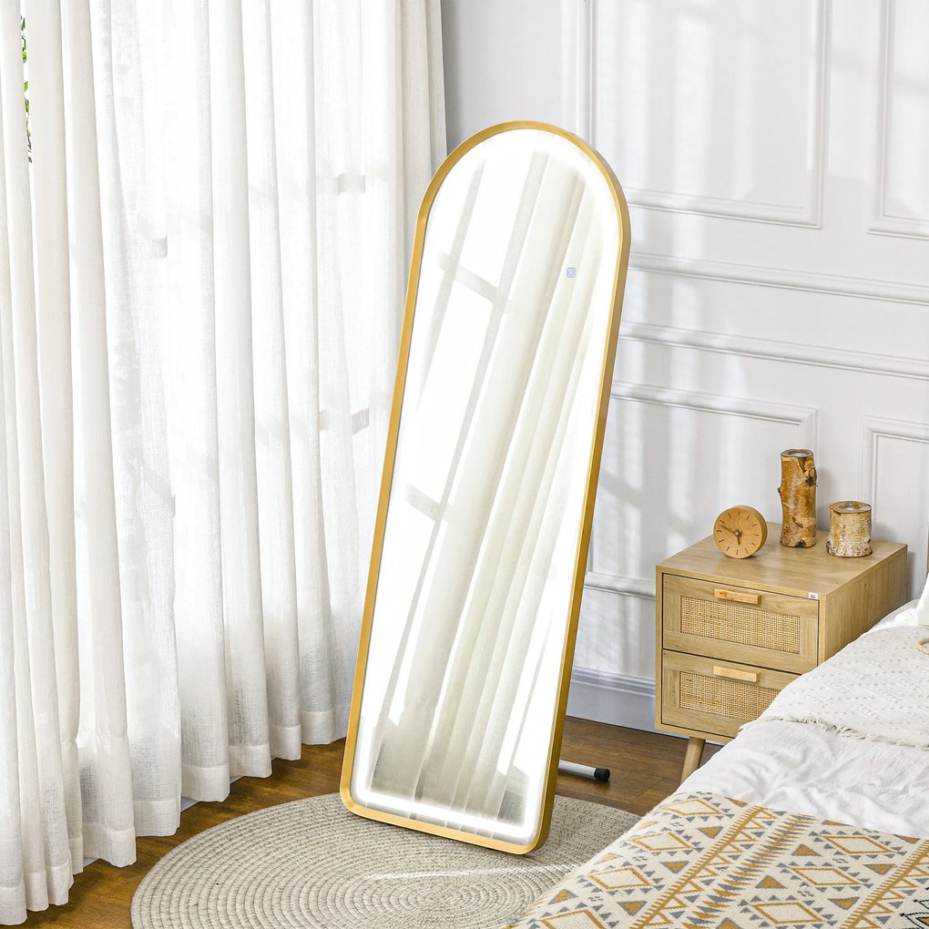 HOMCOM Zrcadlo po celé délce se stmívatelným LED světlem, nástěnné a stojací zrcadlo, šatní zrcadlo s dotykovým spínačem, zlaté 47x146 cm | Aosom.de