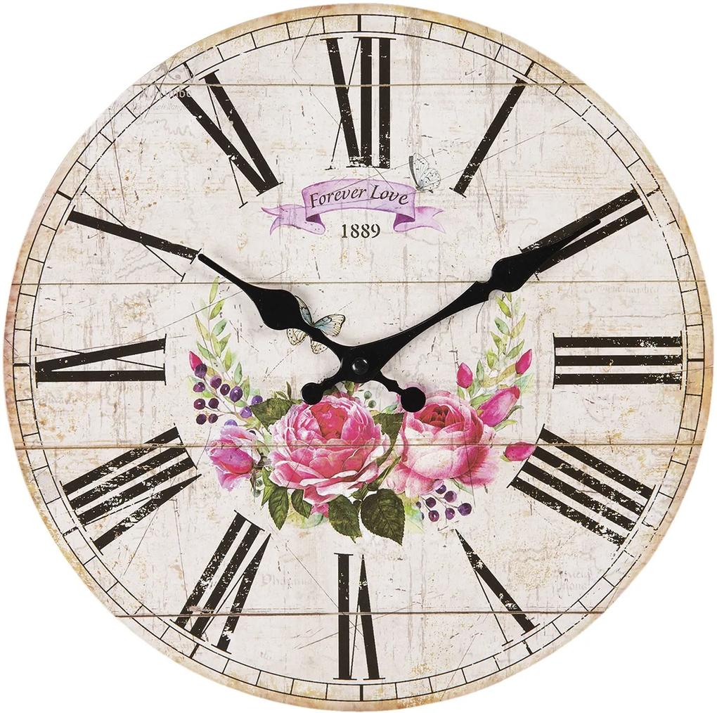 Vintage nástěnné hodiny s římskými číslicemi a motivem růží – Ø 30*3 cm /  1*AA | BIANO