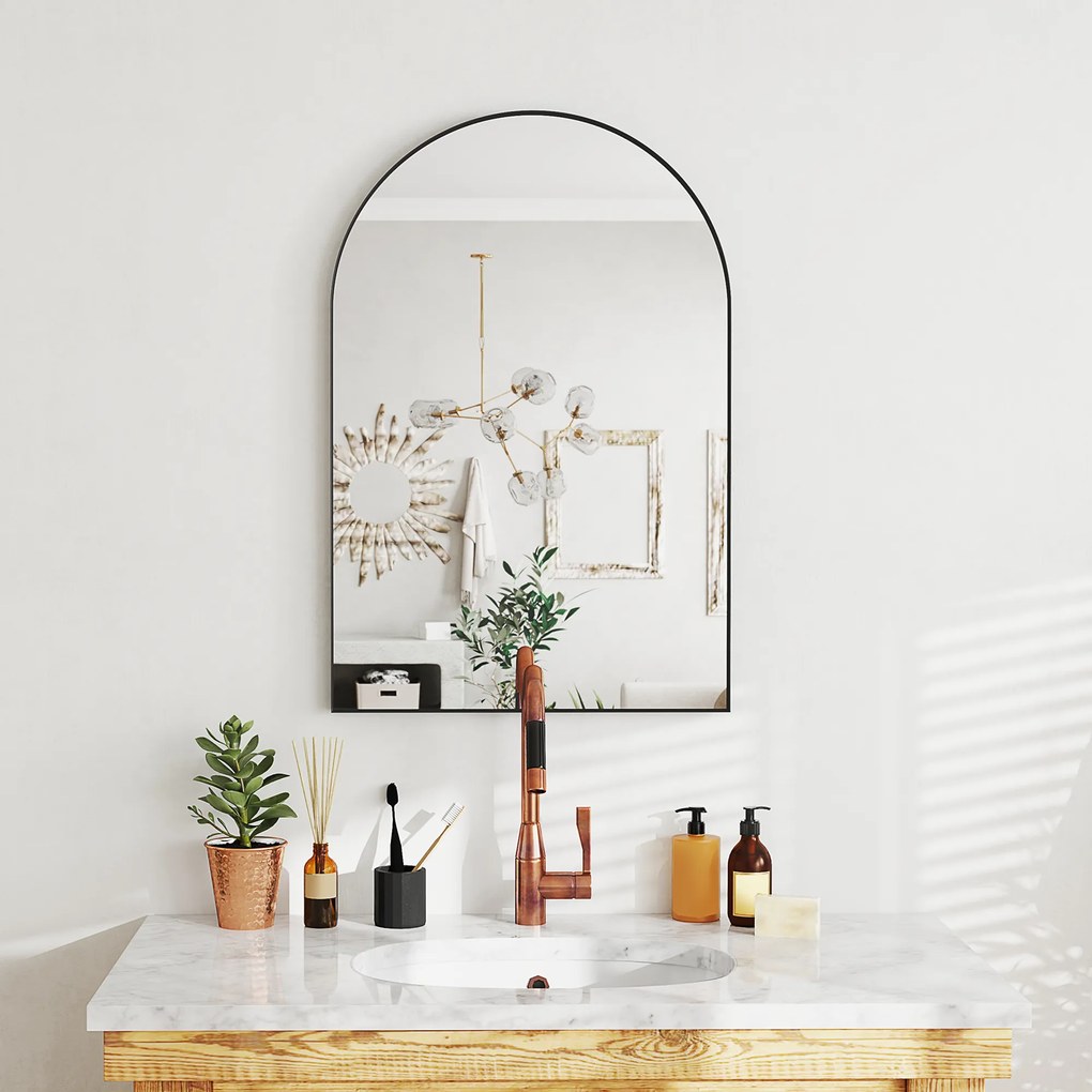 HOMCOM Zakřivené Zrcadlo na Zeď, Koupelnové Zrcadlo, 60 x 90 cm, vysoké rozlišení, s hliníkovým rámem, pro ložnici, obývací pokoj, předsíň, černé