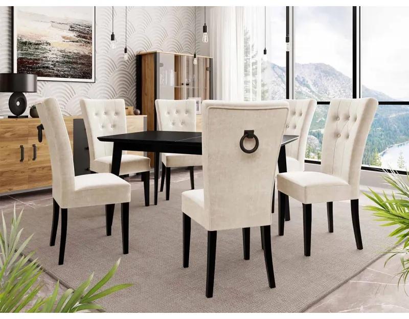 Rozkládací stůl 140x80 se 6 židlemi ST67, barva: černá, barva: bílá, Klepadlo: zlaté, Potah: Magic Velvet 2219