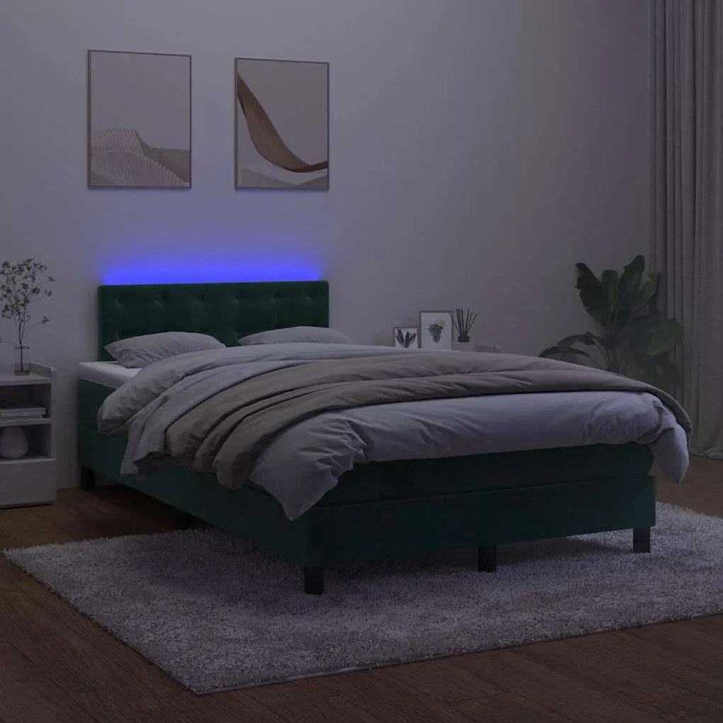 Box spring postel s matrací a LED tmavě zelená 120x200 cm samet 3134636