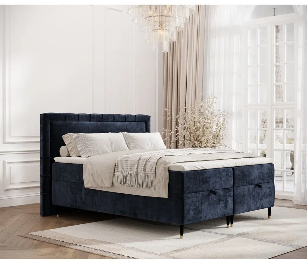 Tmavě modrá boxspring postel s úložným prostorem 160x200 cm Voyage – Maison de Rêve