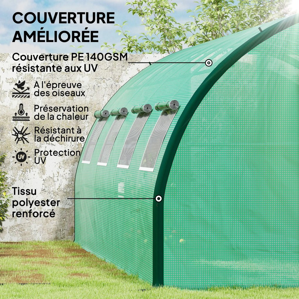 Zahradní tunelová skleník Outsunny, tunelový skleník 18 m², s 8 okny a 2 otočnými dveřmi, PE kryt, konstrukce z pozinkované oceli, 6 x 3 x 2 m, zelený