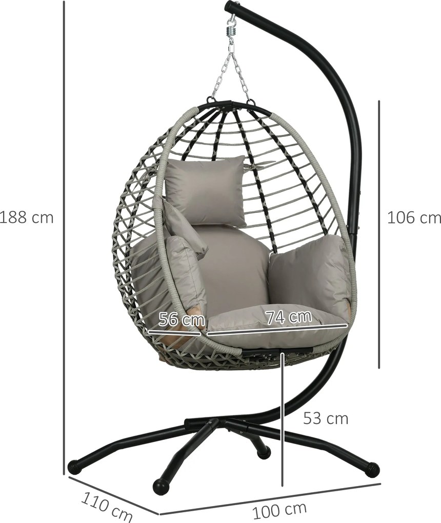 Skládací houpací křeslo ve tvaru vajíčka Outsunny s poduškou a stojanem pro použití v interiéru a exteriéru Metal Polypropylen Lano Šedé 110D x 100Š x