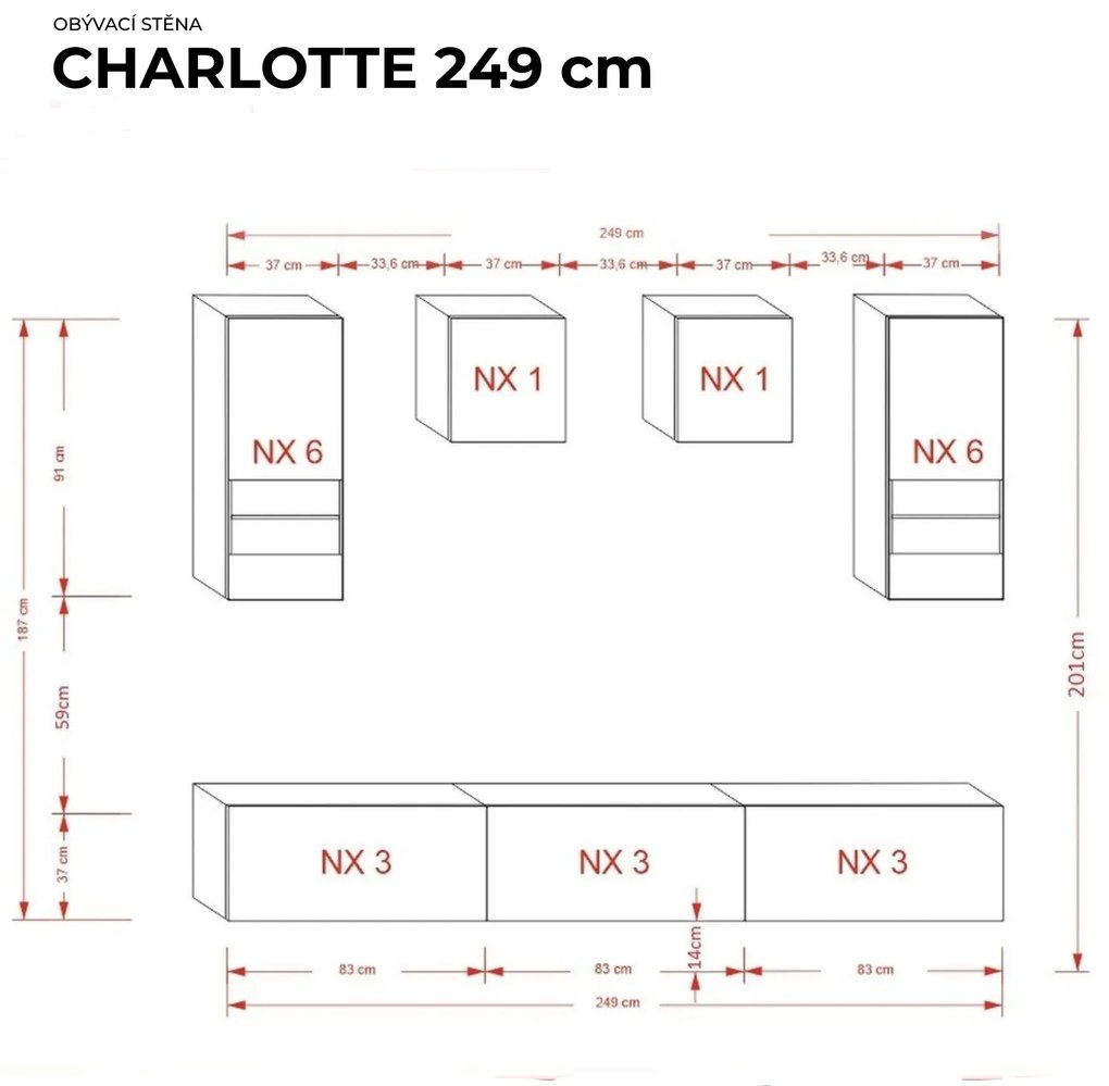 Ral Obývací stěna CHARLOTTE 1, 249 cm - Bílý lesk