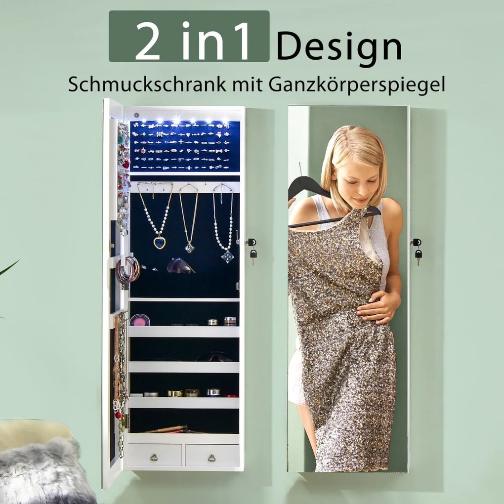 Costway Mirrored Jewelry Cabinet Uzamykatelný na stěnu/dveře – 36 × 10 × 108 cm