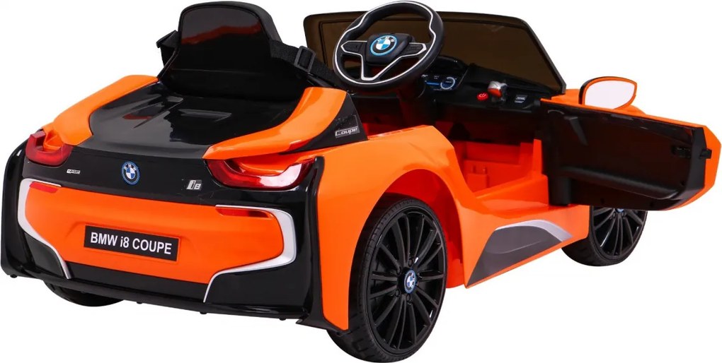Ramiz Elektrické autíčko BMW i8 Lift oranžové + dálkové ovládání + pomalý rozjezd + 3bodové pásy + MP3 USB + LED
