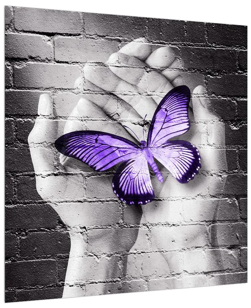 Moderní obraz dlaní s motýlem (50x50 cm)