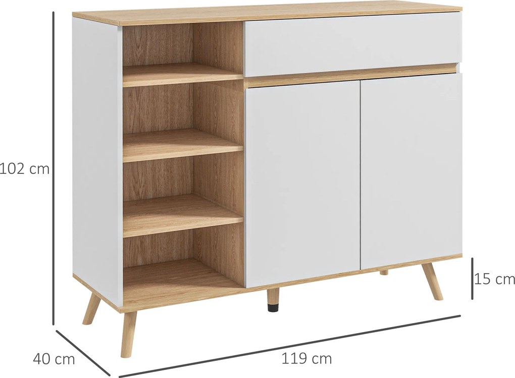 HOMCOM Skandinávský styl nastavitelná policová úložná skříň se dvojitými dvířky, 1 zásuvkou a 4 policemi 119 x 40 x 102 cm Bílá | Aosom
