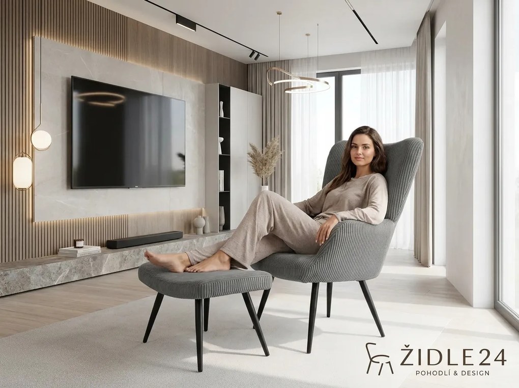Relaxační křeslo ušák s podnožkou ARIA - šedý manšestr