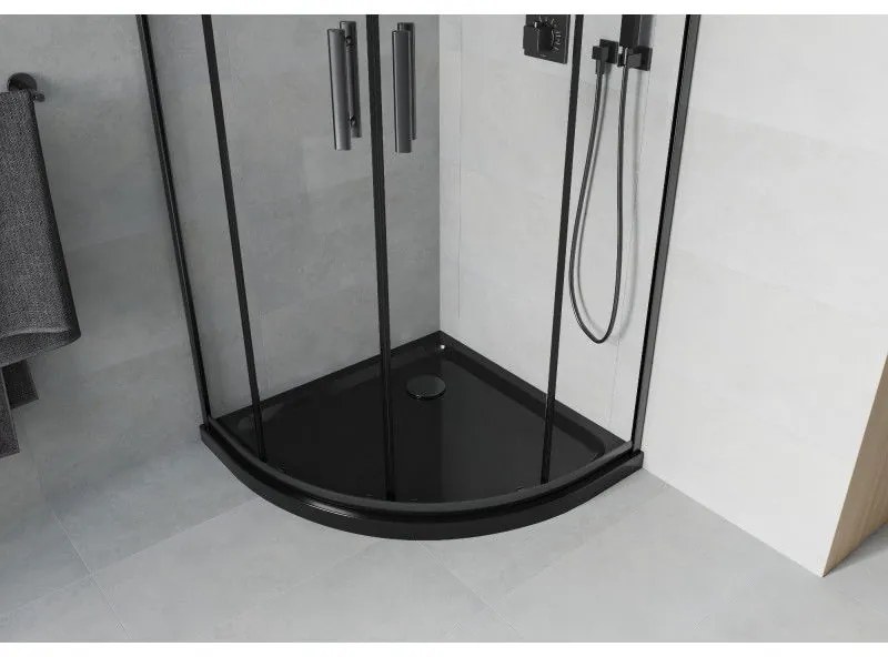 Mexen Rio, čtvrtkruhový sprchový kout s posuvnými dveřmi 80 x 80 cm, 5mm čiré sklo, černý profil + černá sprchová vanička, 863-080-080-70-00-4170B