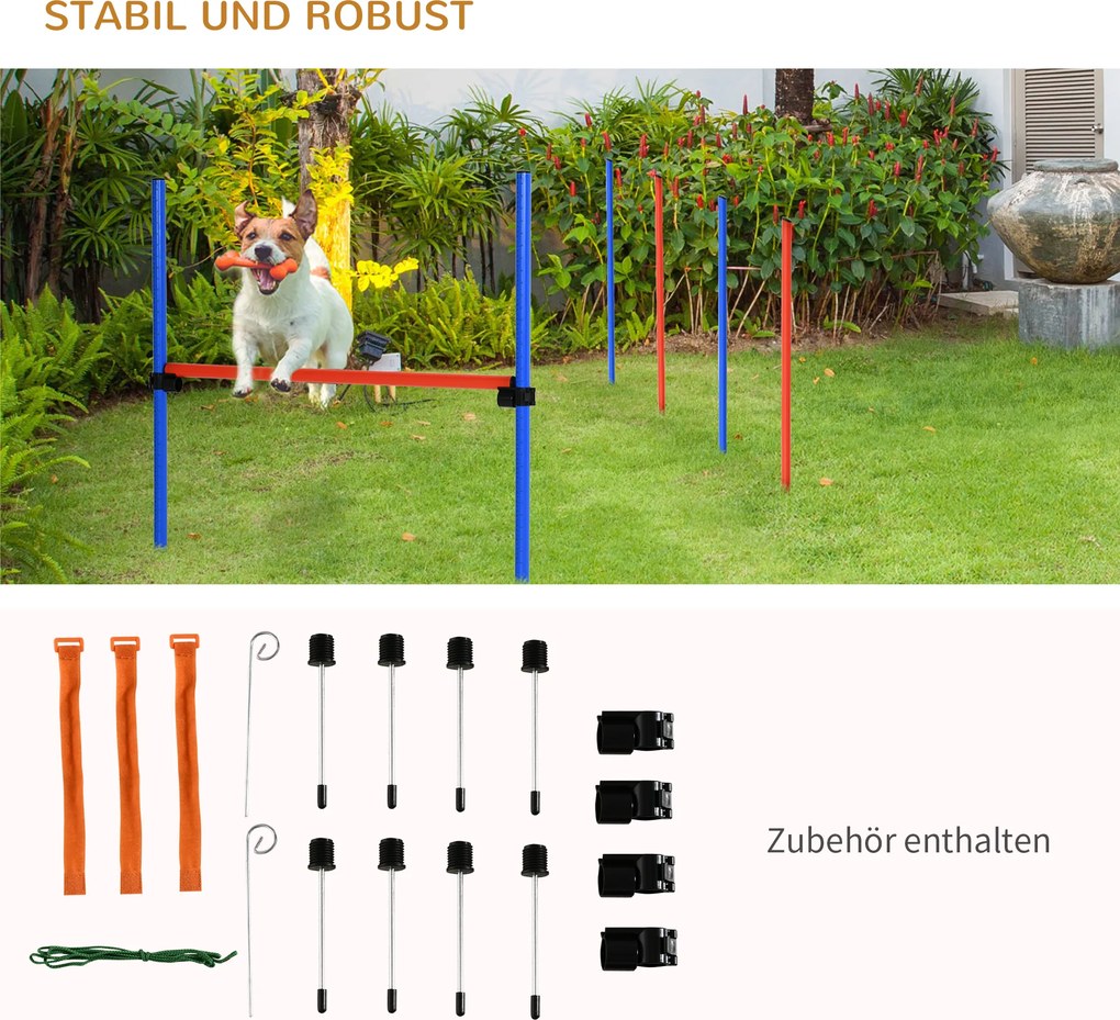 Výcvikové zařízení pro psy PawHut Agility, cvičební sada pro agility, tréninkový areál pro psí sporty 3 v 1, modrá+červená