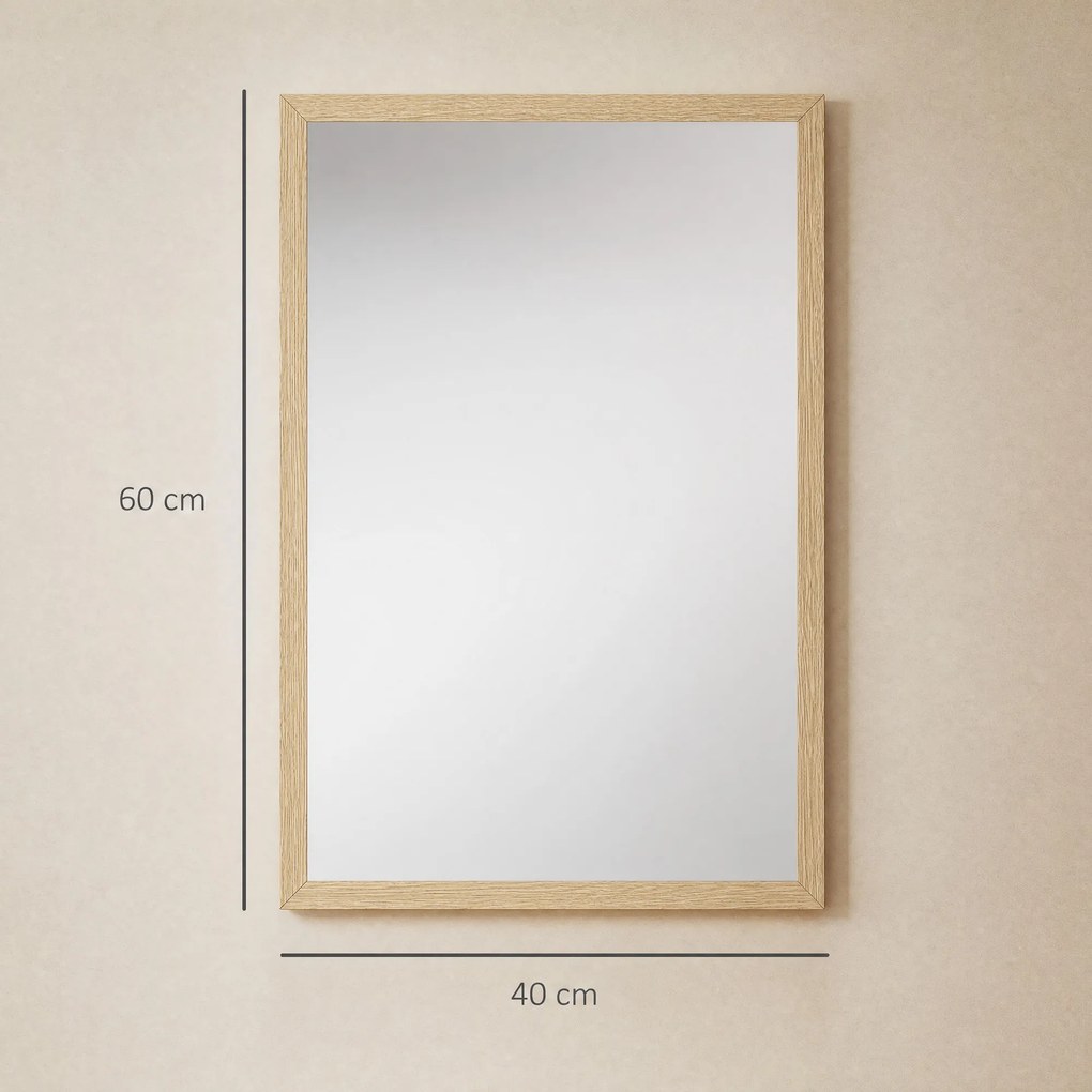 HOMCOM obdélné nástěnné zrcadlo 40 × 60 cm, rám v provedení přírodní dřevo — ideální do koupelny, obýváku nebo ložnice