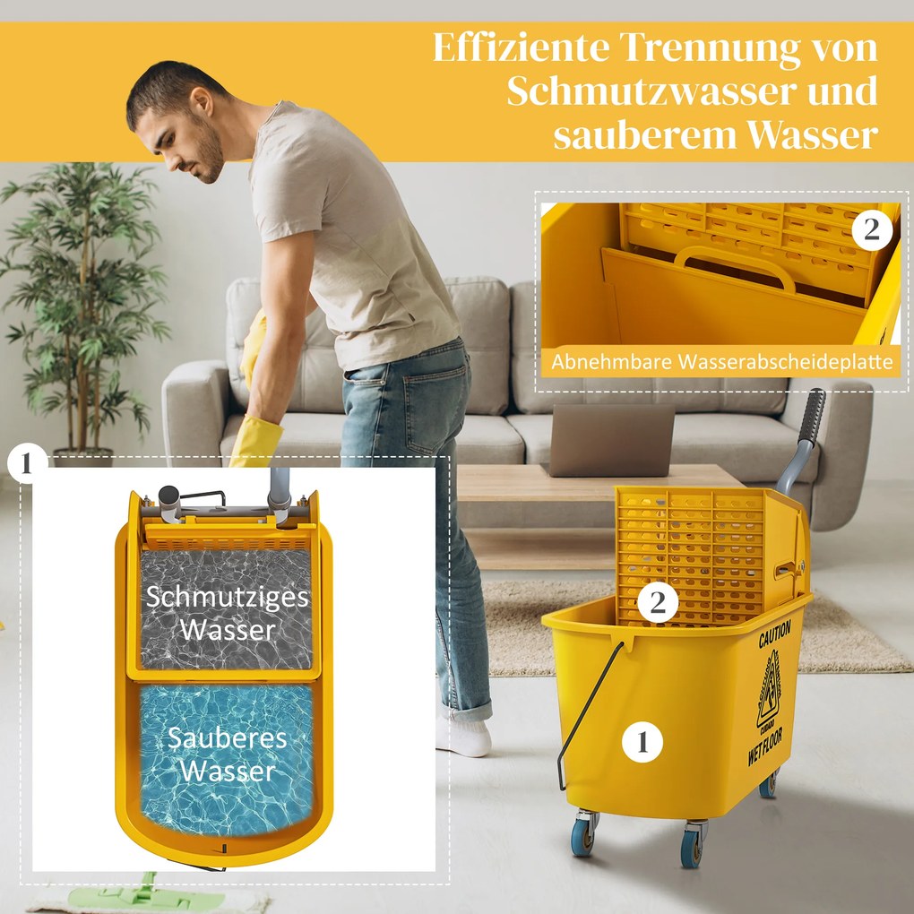 HOMCOM Úklidový vozík 20L Úklidový vozík s lisovací a zametací soupravou, kbelíkem včetně mopu, válečkem