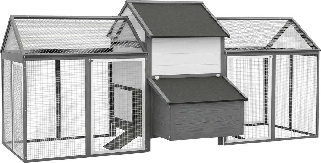 PawHut Kurník pro slepice Dřevěný kurník s hnízdící bednou Drůbežní voliérou se rampou, Kurník s podnosem, Šedý, 247 x 125 x 113,5 cm | Aosom