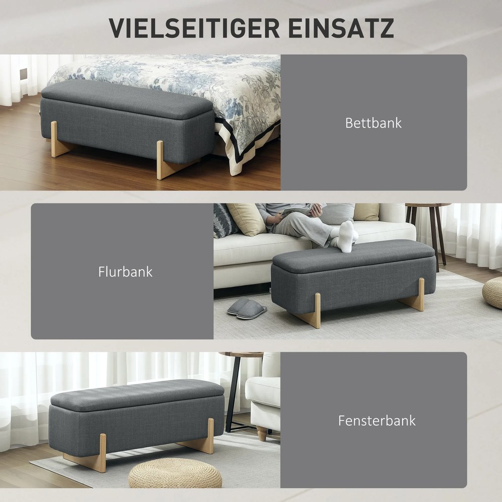 HOMCOM Stolička s úložným prostorem, sedací lavice s pěnovým polstrováním, imitace lnu, 111 x 44,5 cm, tmavě šedá