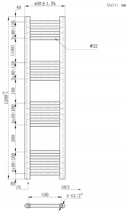 Erga Basic, topné těleso 1200x400 mm, 409 W, černá, ERG-LAV-BASIC-12040-BK