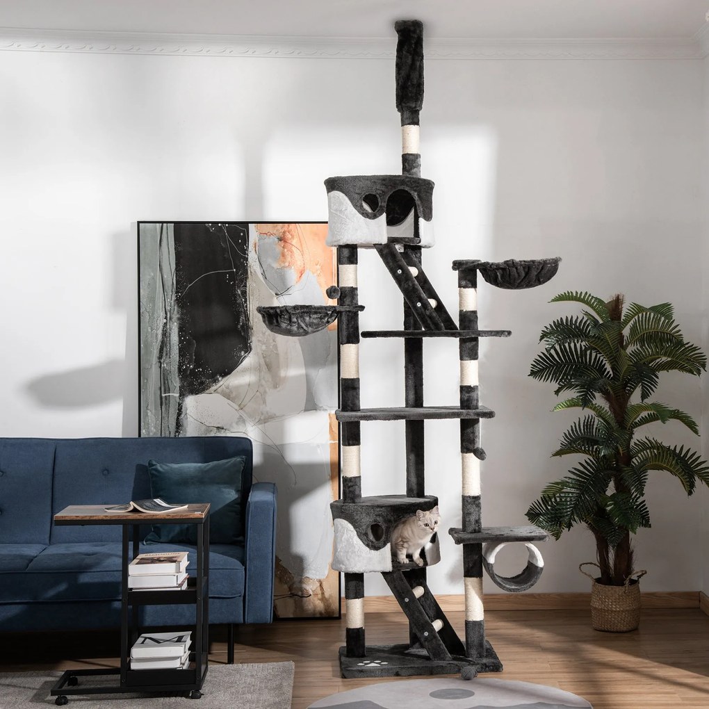 PawHut Stropní Škrabadlo pro Kočky s Nastavitelnou Výškou 240-260 cm, Víceúrovňový Kočičí Stromeček se Sheltry, Hammocky, Schody a Sisalovými Lany, T…
