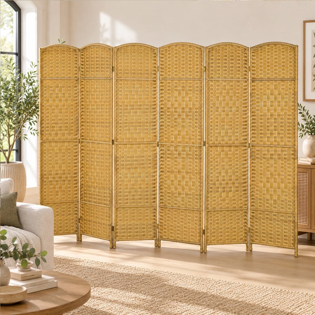 HOMCOM skládací dělící stěna se 6 panely 270x180 cm Záclona pro zajištění soukromí do kanceláře nebo ložnice v přírodním dřevě
