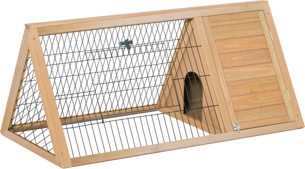 Triangulární králičí kotec PawHut z přírodního dřeva 116x62,2x52,5 cm s dveřmi a drátěnou síťkou