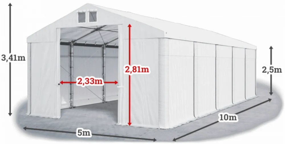Skladový stan 5x10x2,5m střecha PVC 560g/m2 boky PVC 500g/m2 konstrukce ZIMA PLUS Bílá Bílá Bílá