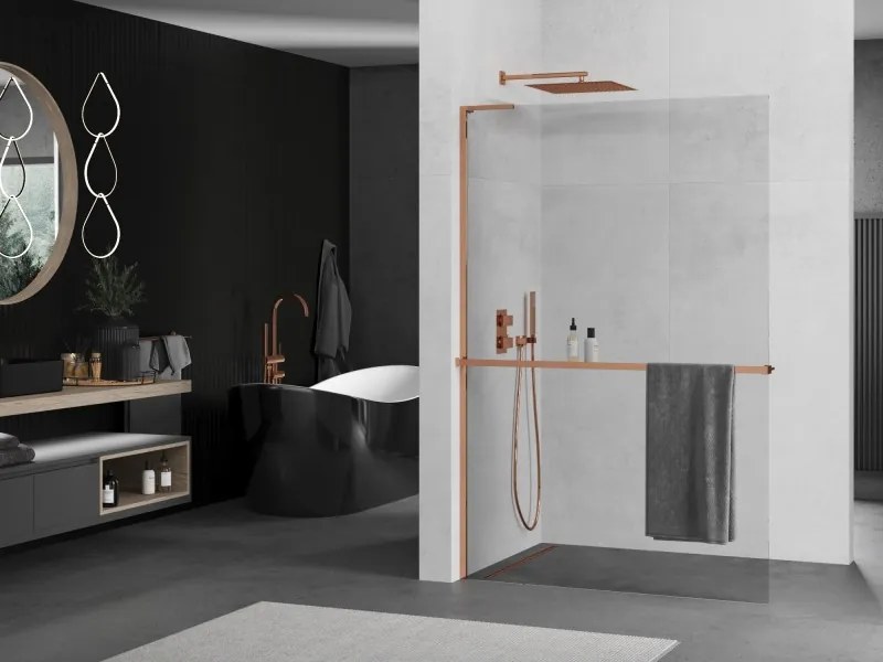 Mexen Kioto+ L, sprchová zástěna Walk-In s poličkou a věšákem 85 x 200 cm, 8mm čiré sklo, růžové zlato profil, 800-085-123-60-00