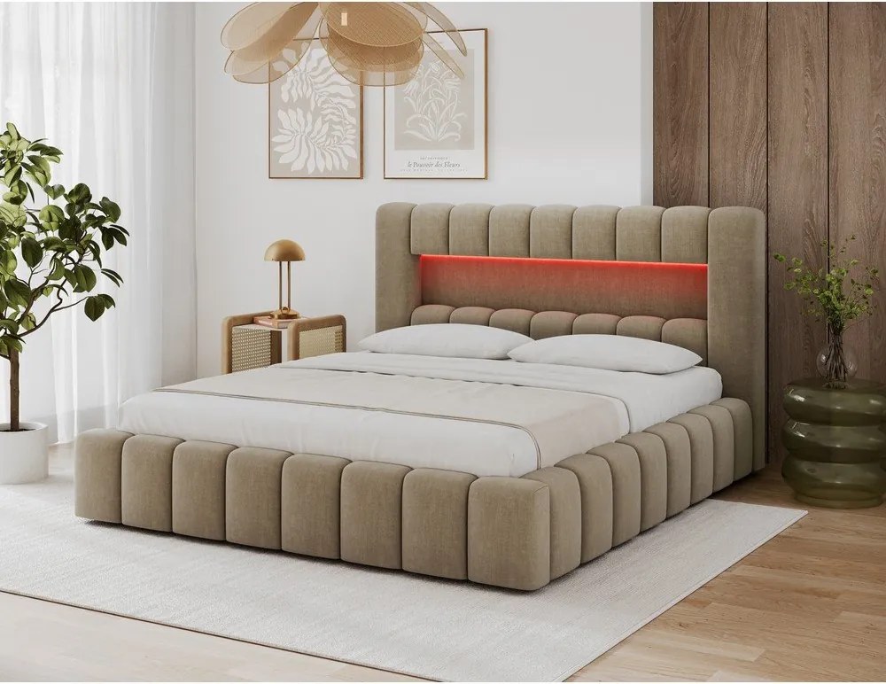 Světle hnědá čalouněná dvoulůžková postel s úložným prostorem s roštem 180x200 cm Lamica – ELTAP
