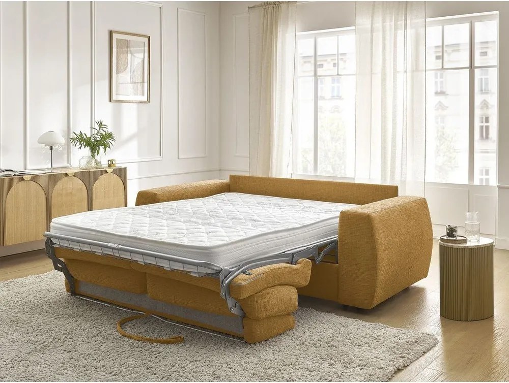 Žinylková pohovka na každodenní spaní/rozkládací v hořčicové barvě 220 cm Hugo – Bobochic Paris