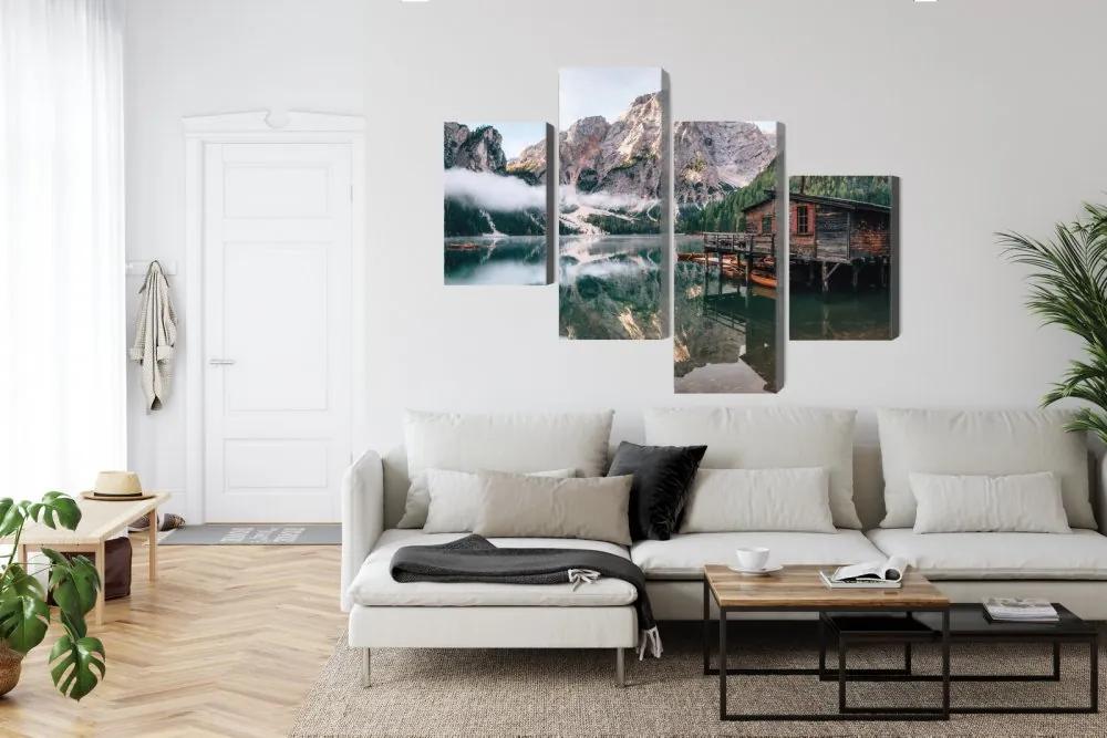Vícedílný obraz Chata U Italského Jezera Braies 3D Nedostatek Nedostatek Přírodní plátno 240x150
