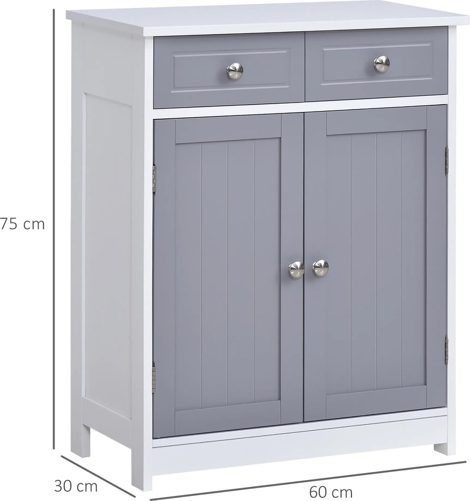 Kleankin Úložný Kabinet, Koupelnový Kabinet, Skříň s 2 Dveřmi a 2 Zásuvkami - 60 x 30 x 75 cm - Šedá a Bílá