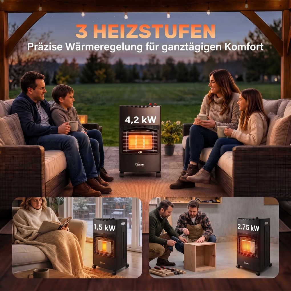 Outsunny Plynový topič venkovní 1,5-4,2 kW sklopný terasový topič s kolečky, ochranným krytem, 3 výkonnostními stupni, hadicí