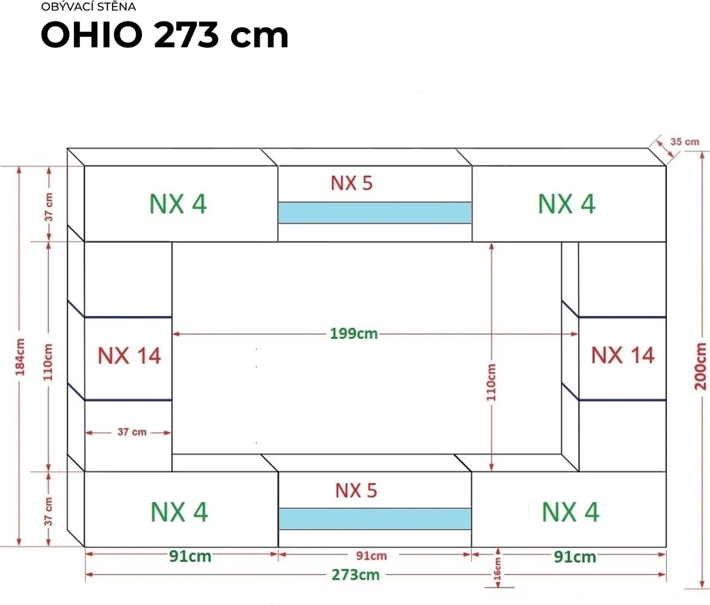Ral Obývací stěna OHIO 4, 273 cm - Černý lesk