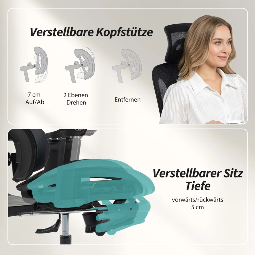 HOMCOM ergonomická kancelářská židle — nastavitelná bederní opora a opěrka hlavy, 5D područky, dělené opěradlo, výsuvná opěrka nohou, výškově nastavi…